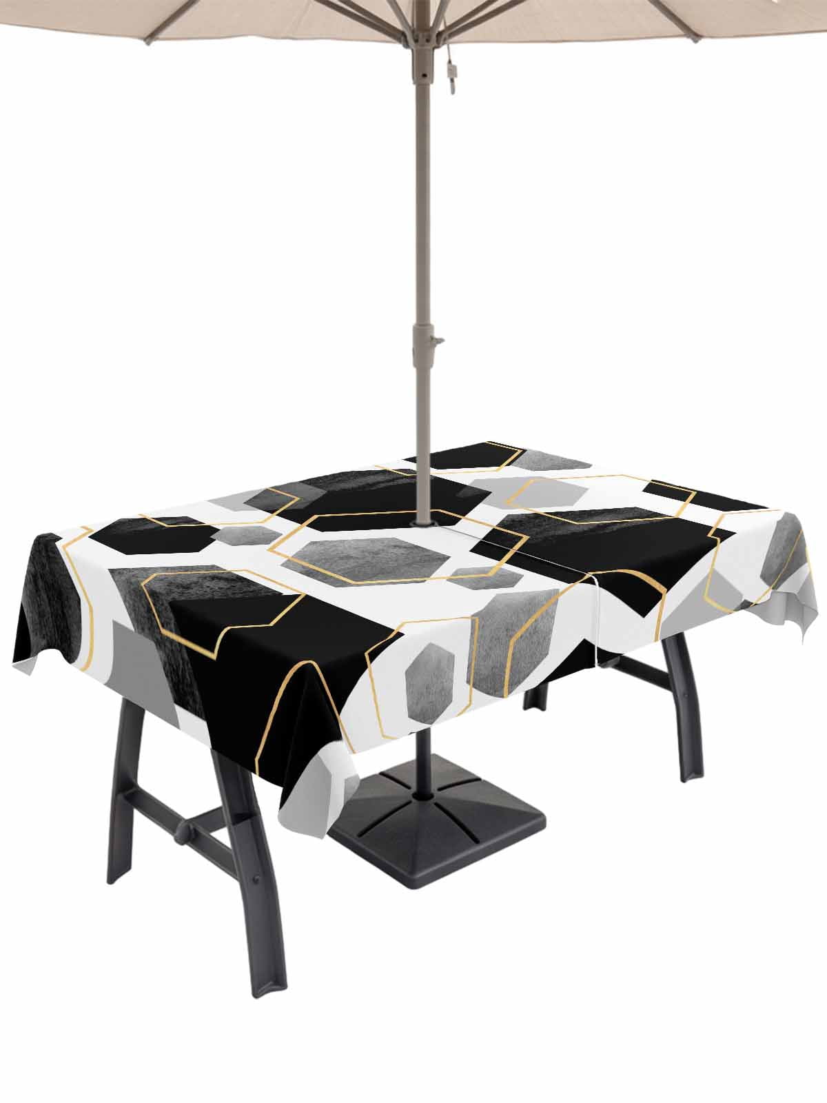 Black Grey Hexagon Rectangle Outdoor Tablecloth with Umbrella Hole ...
