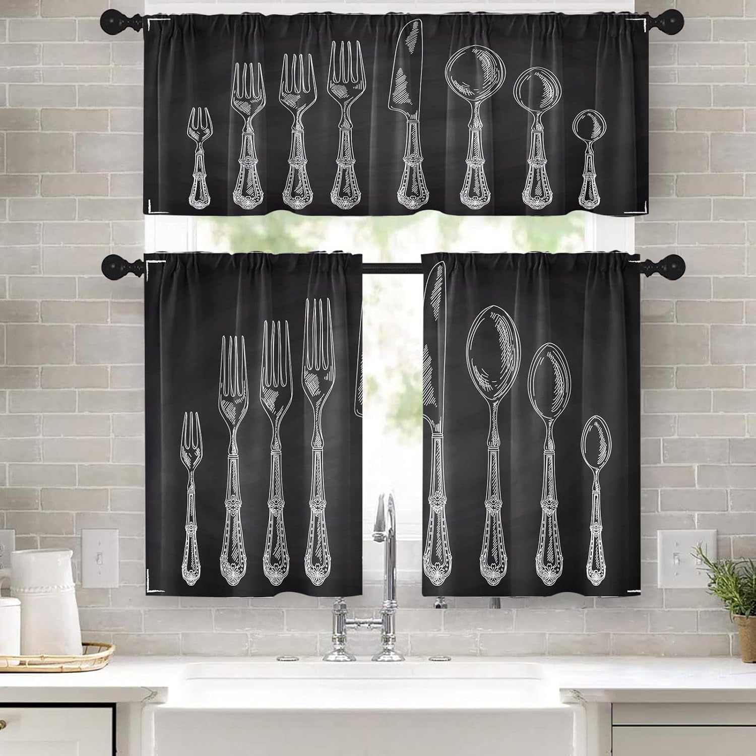 Black Grey Kitchen Curtains Knife and Forks Window Curtains Valance and ...