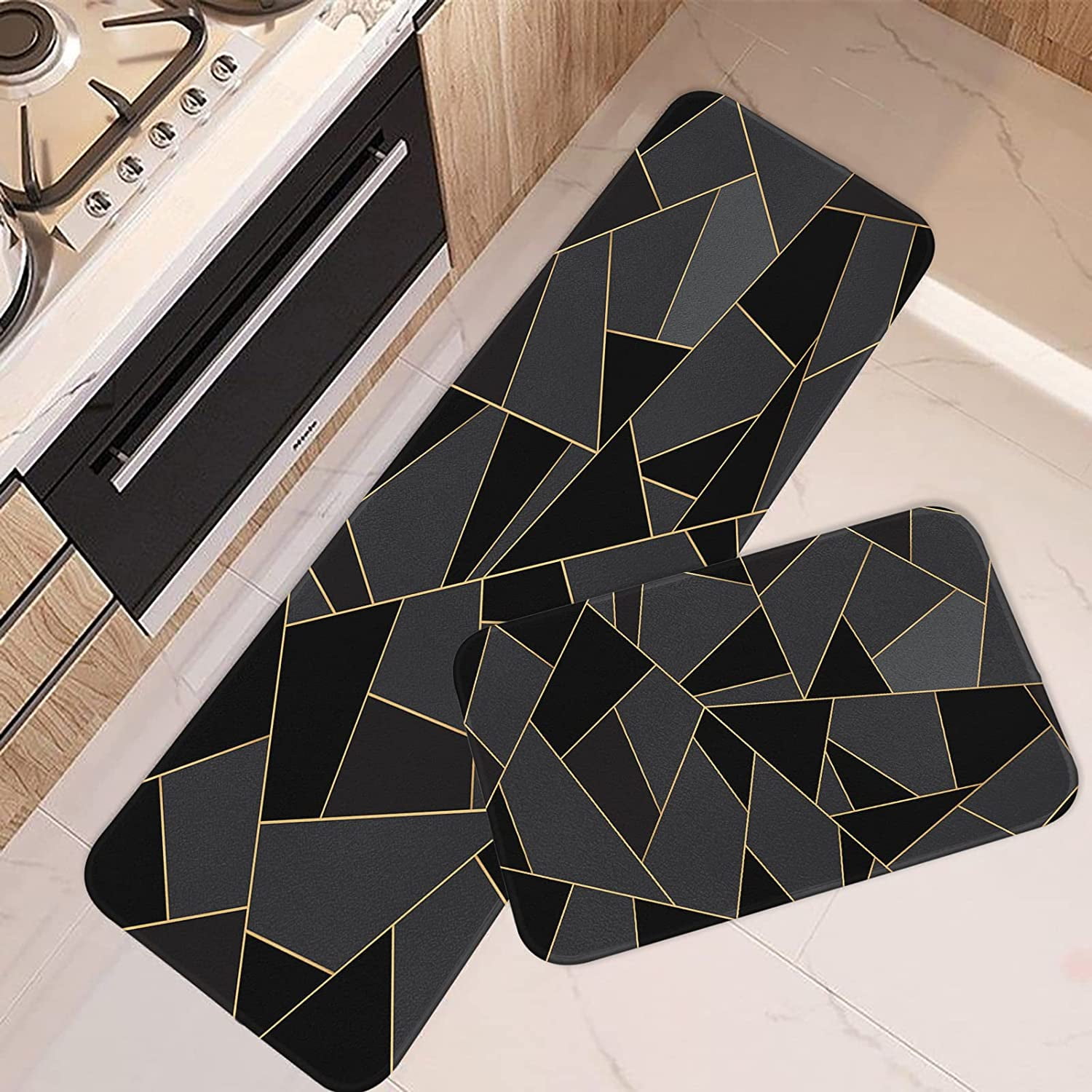 Black Grey Kitchen Rugs and Mats Non Skid Washable Set of 2, Modern ...