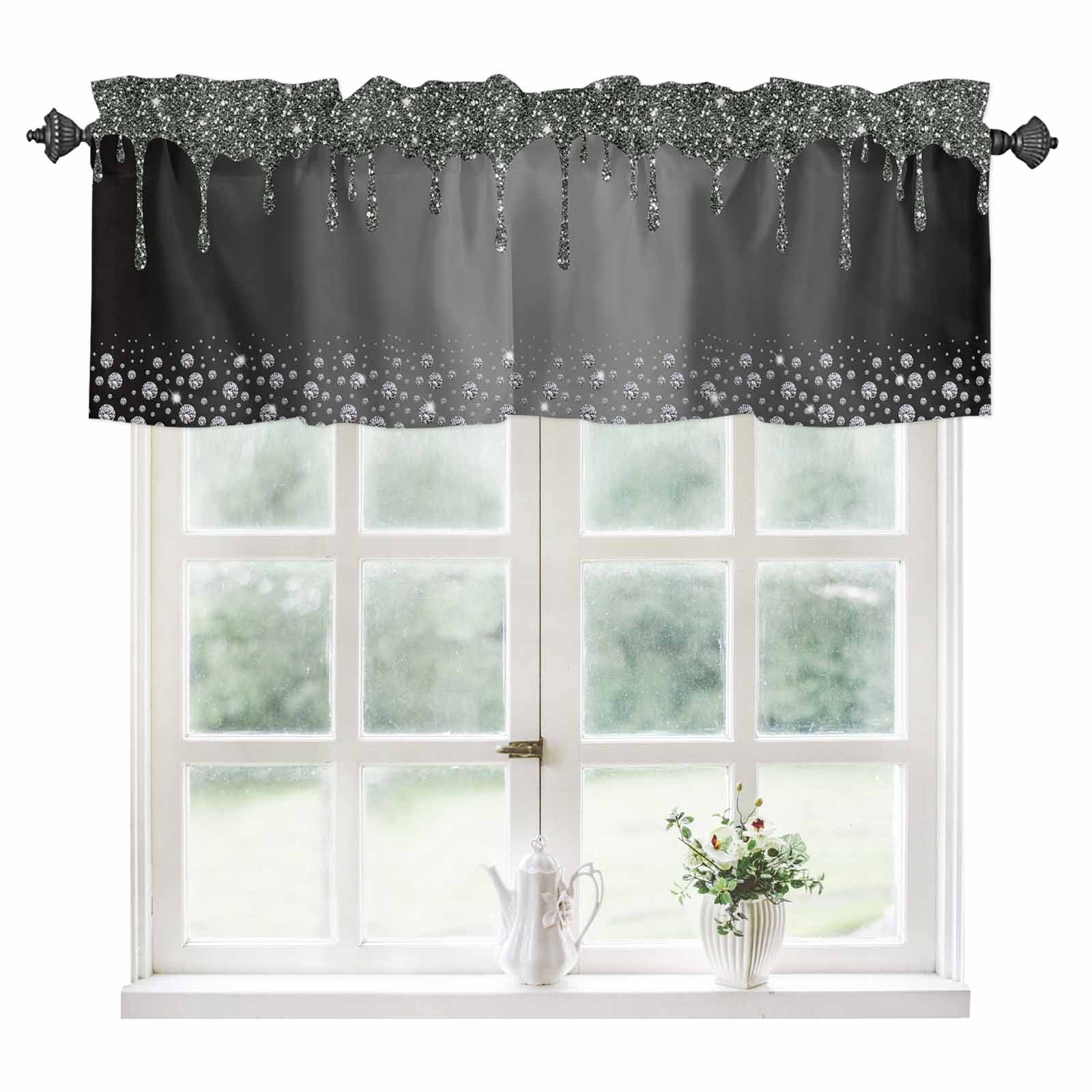 Black Grey Kitchen Valances for Windows 54x18 Inch Kitchen Curtains ...