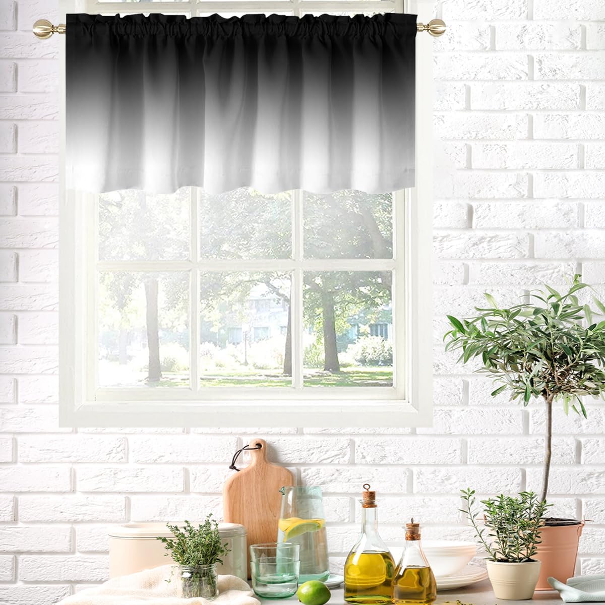 Black and Grey Kitchen Window Curtain Small Gray White Silver Ombre ...