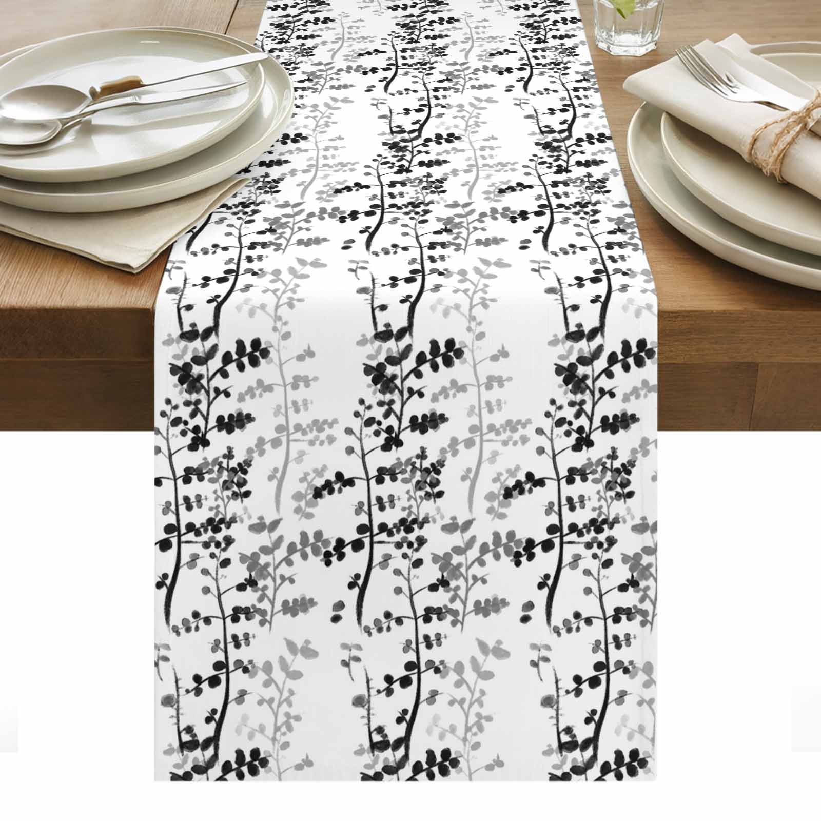 Black and Grey Leaf Cotton Linen Table Runner Abstract Farmhouses ...