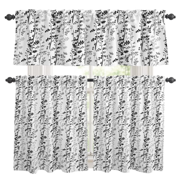 Black and Grey Leaf Kitchen Curtains Set for Windows, Abstract ...