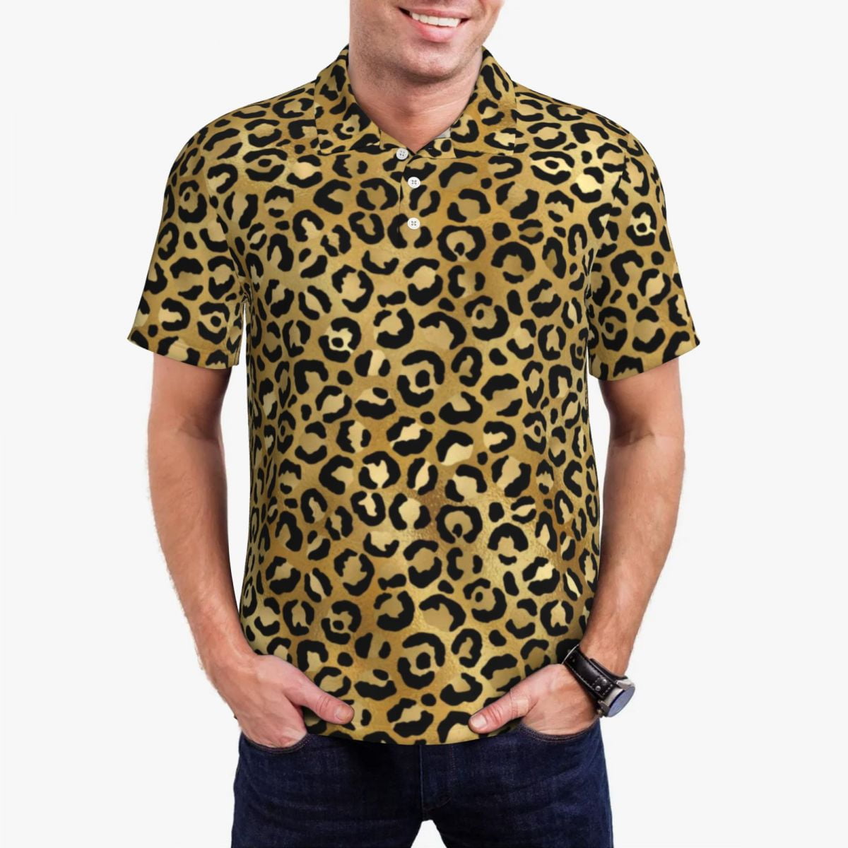 Black Grey Leopard Casual T-Shirts Animal Spots Print Polo Shirts ...