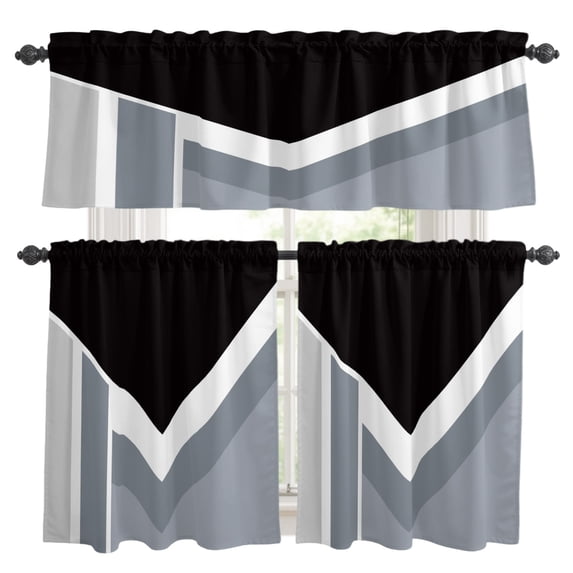 Black Grey Lines Kitchen Curtains Set for Windows, Geometric Abstract ...
