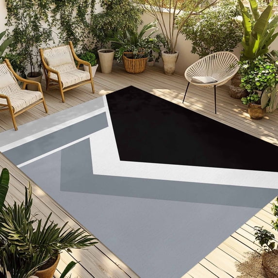 Black Grey Lines Outdoor Rug 3x5 ft Geometric Abstract Black White Grey ...