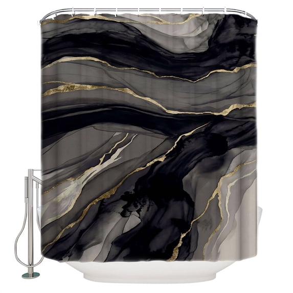 Black Grey Marble Bathroom Shower Curtains with 12 Hooks Polyester ...