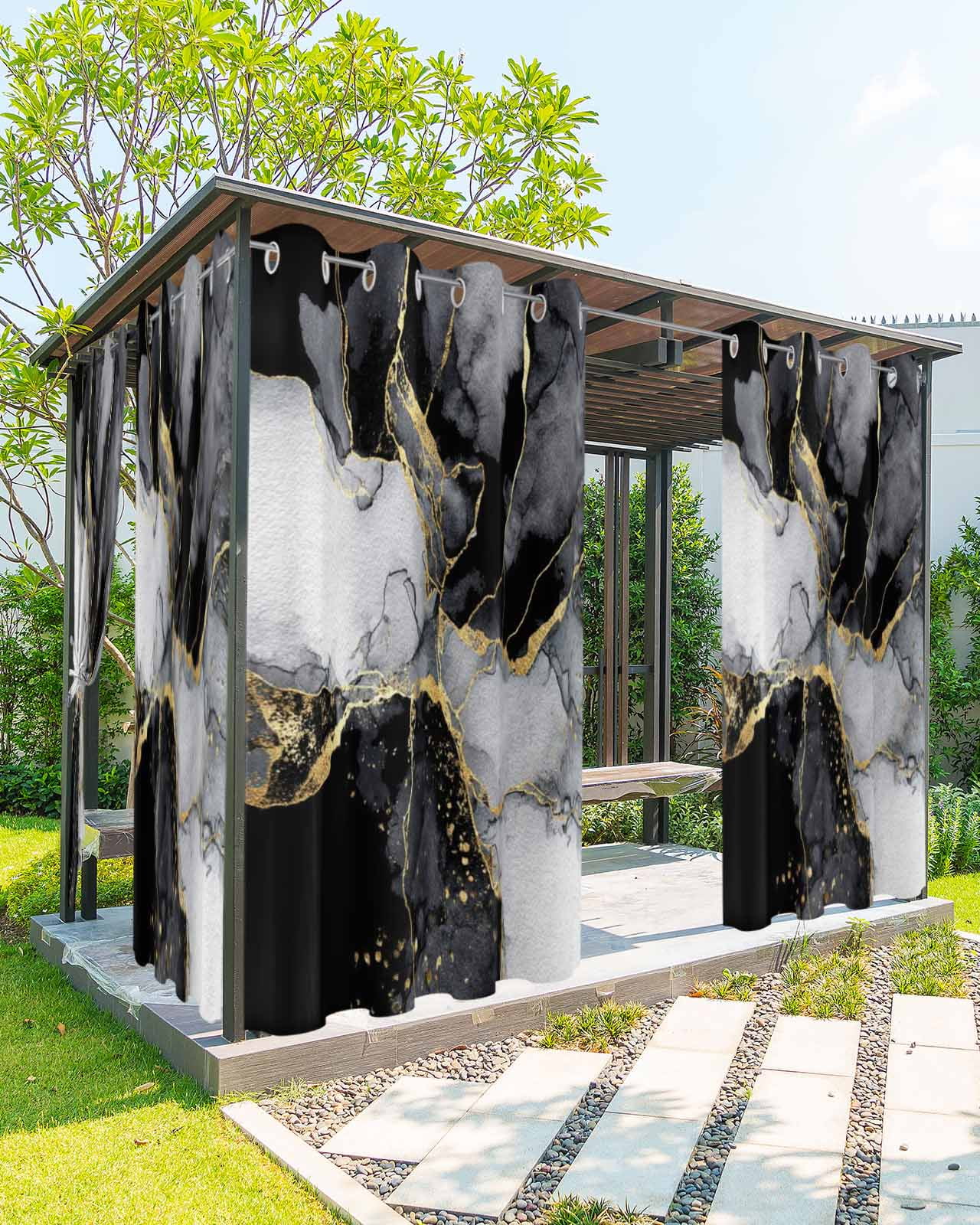 Black Grey Marble Outdoor Curtains for Patio, Modern Gradient Abstract ...
