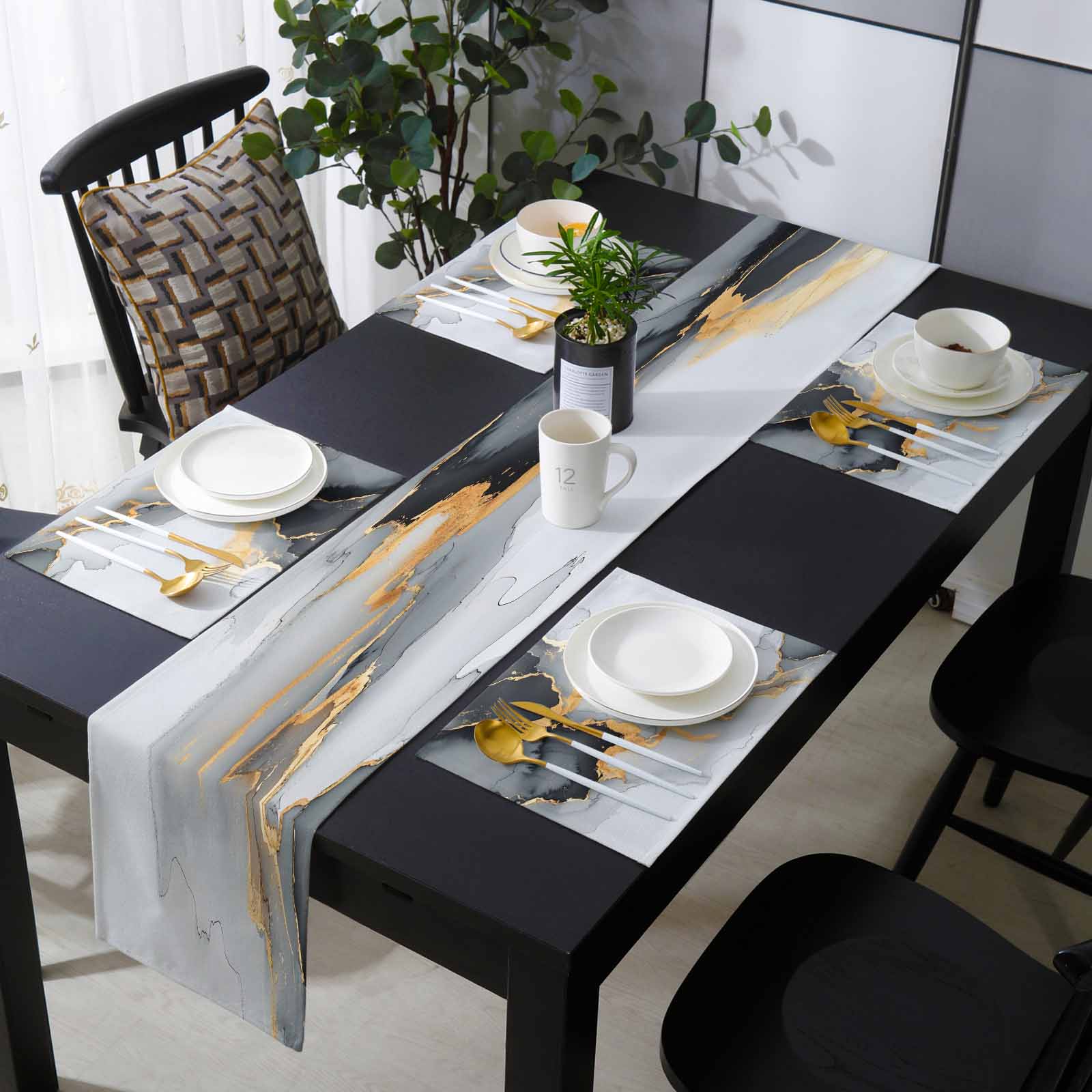 Black Grey Marble Placemats Set of 4 with 70 Inches Long Table Runners ...