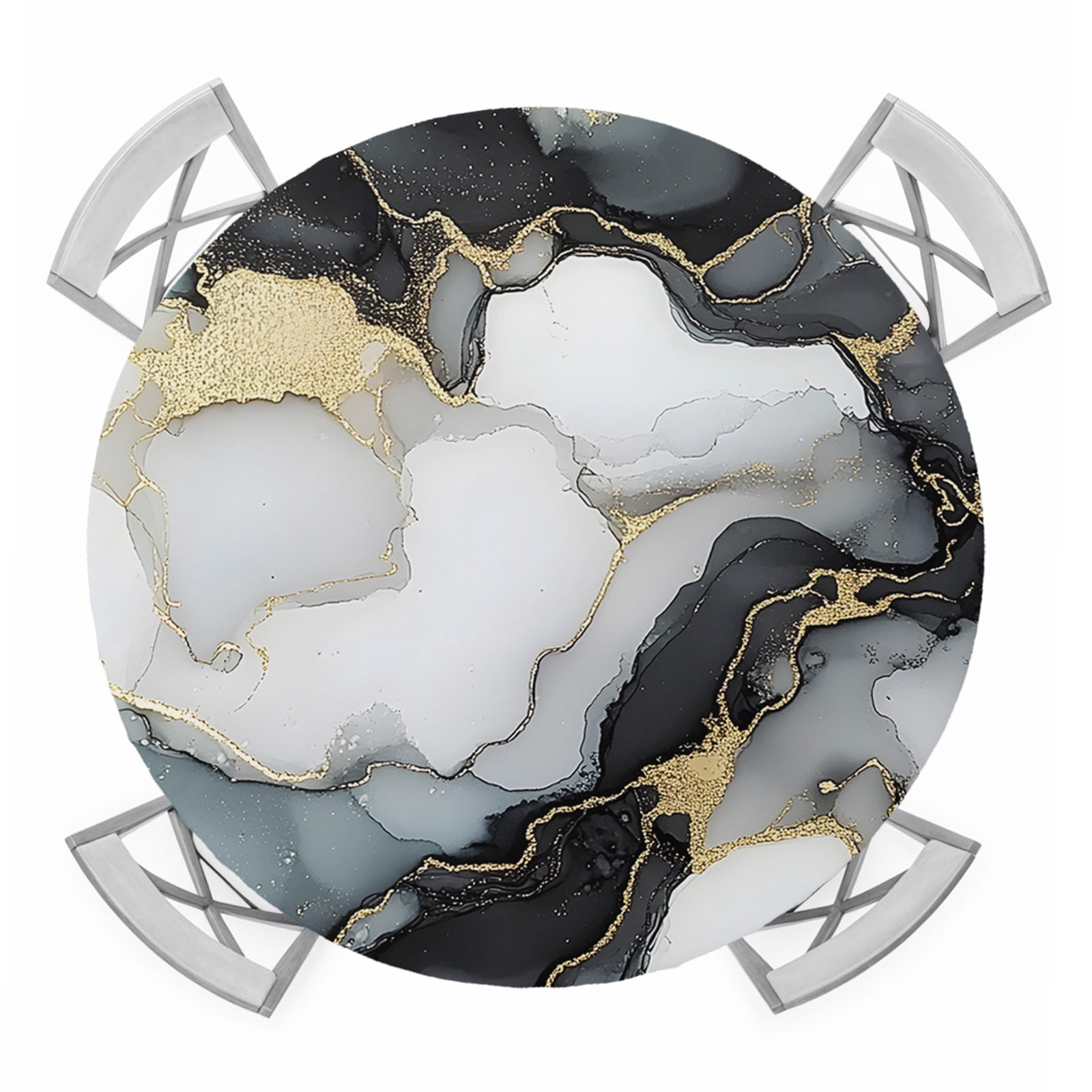 Black Grey Marble Round Fitted Tablecloth with Elastic Edge, White ...