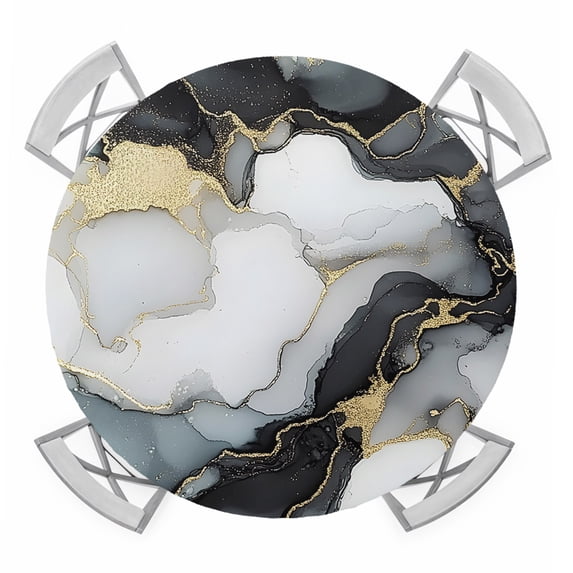 Black Grey Marble Round Fitted Tablecloth with Elastic Edge, White ...