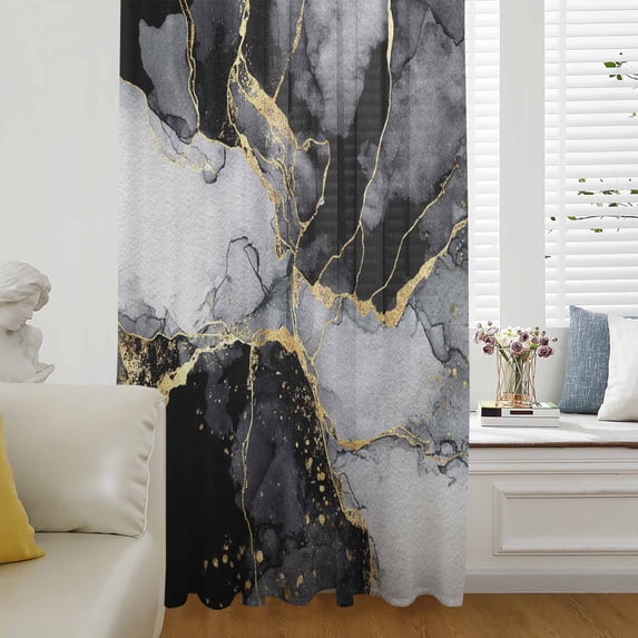 Black Grey Marble Semi Sheer Curtains Drapes for Living Room, Bedroom ...