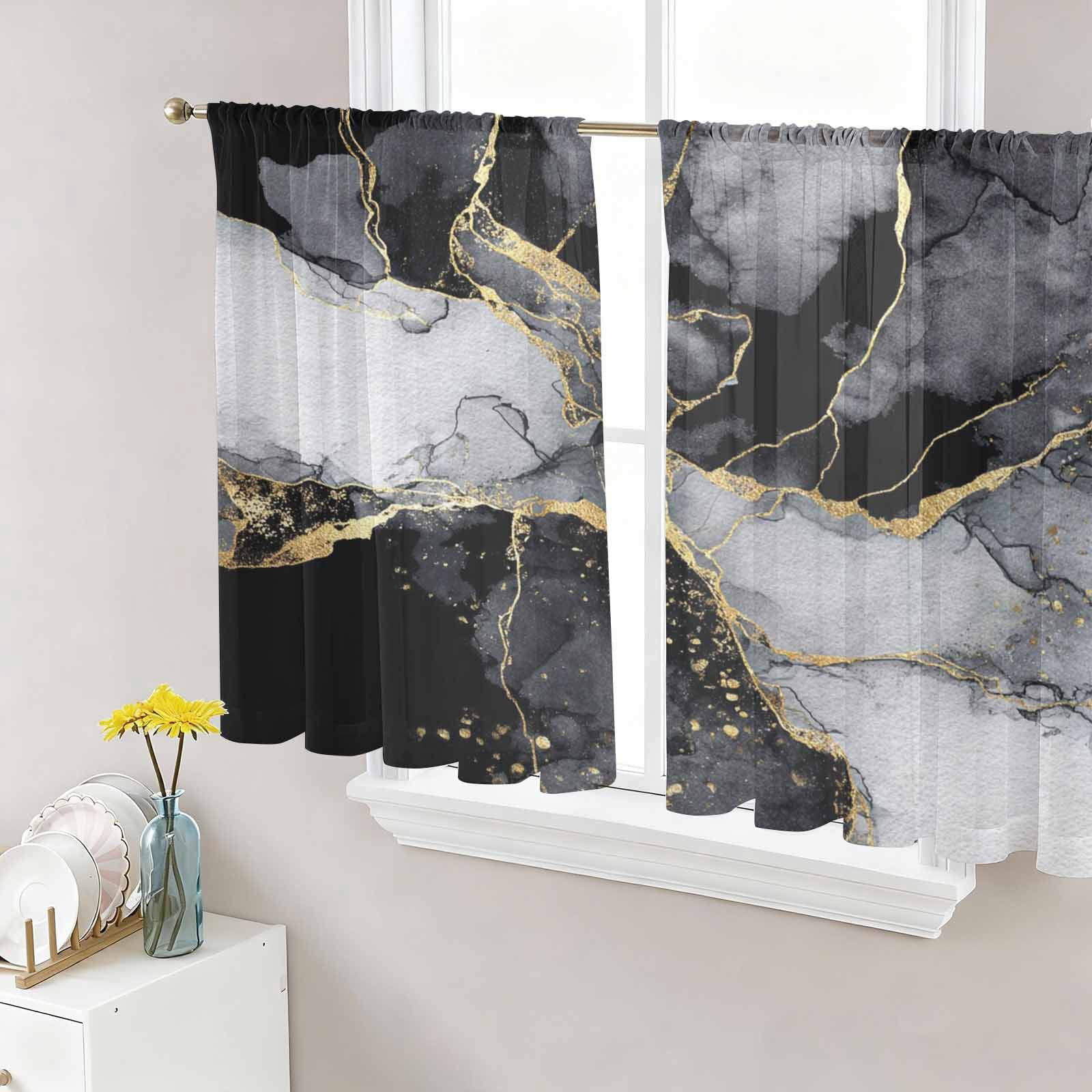 Black Grey Marble Sheer Curtains 45 Inch Length 2 Panels for Living ...