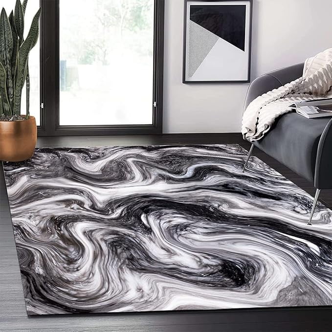 Black Grey Marble Swirl Area Rug For Living Room Bedroom, Abstract ...