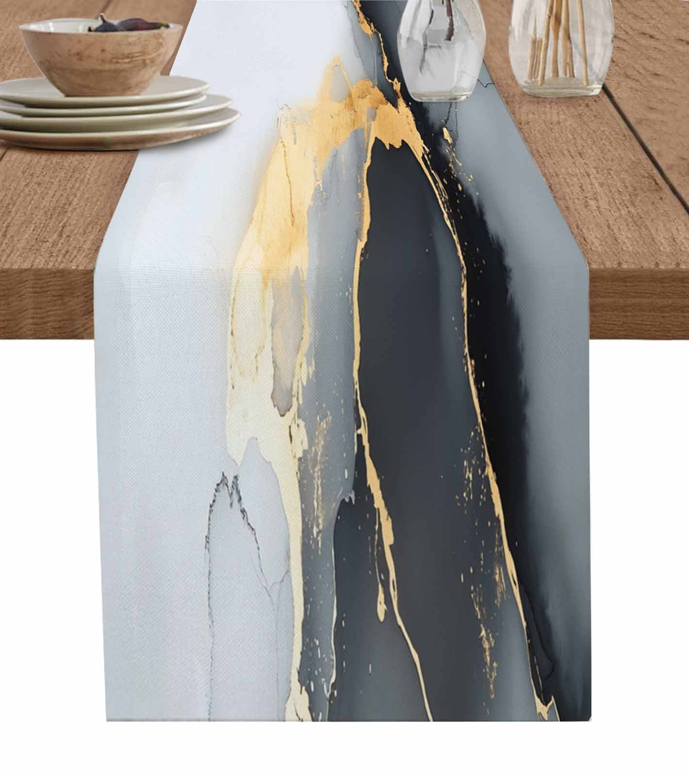 Black Grey Marble Table Runner-Cotton Linen- 48 Inch Holiday Dresser ...