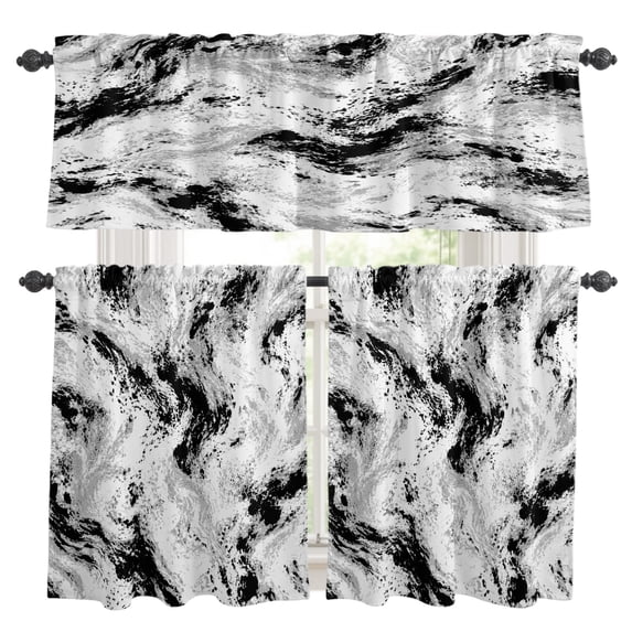 Black Grey Marble Waves Kitchen Curtains and Valances Set, Modern ...