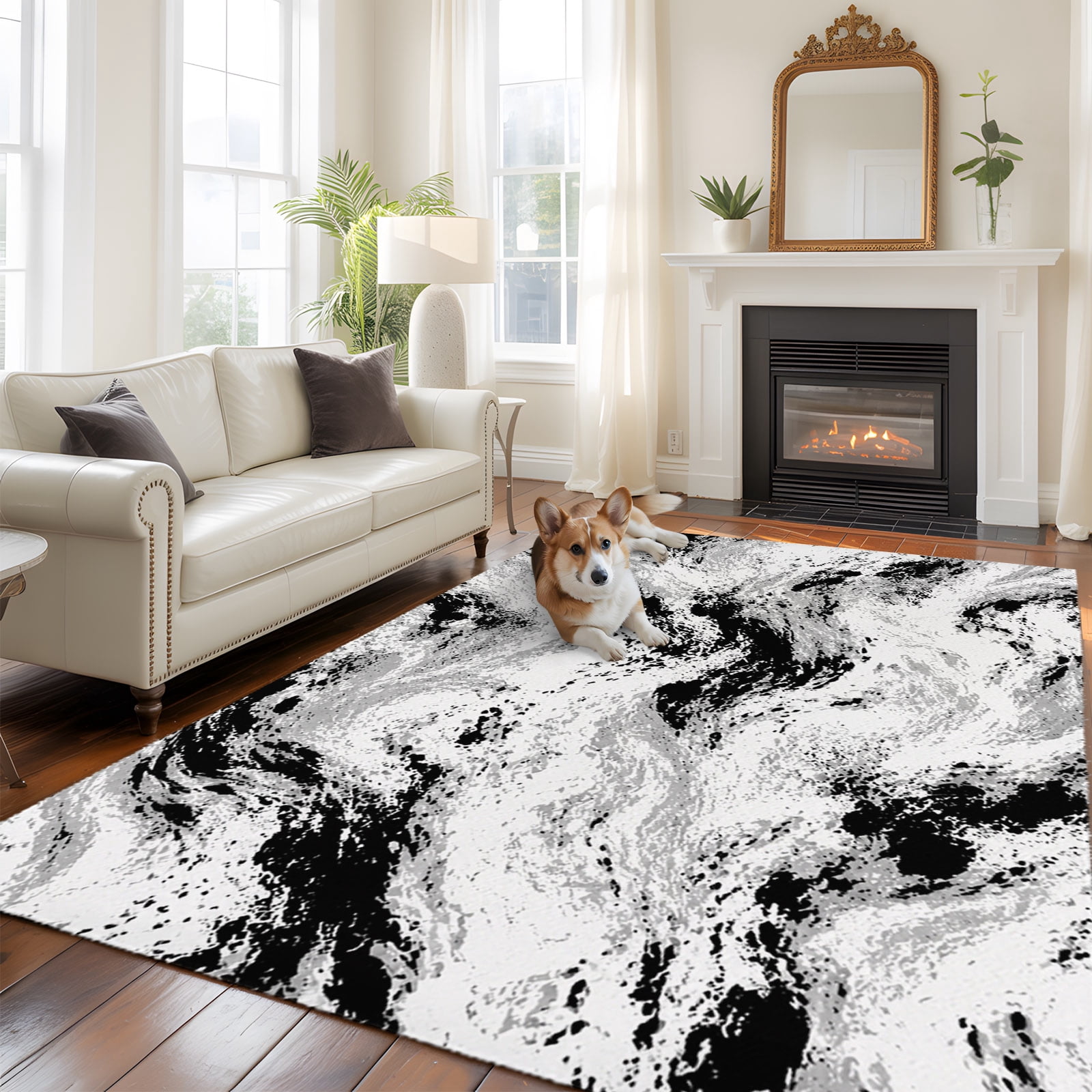 Black Grey Marble Waves Washable Area Rug 6x9 Modern Abstract Art ...