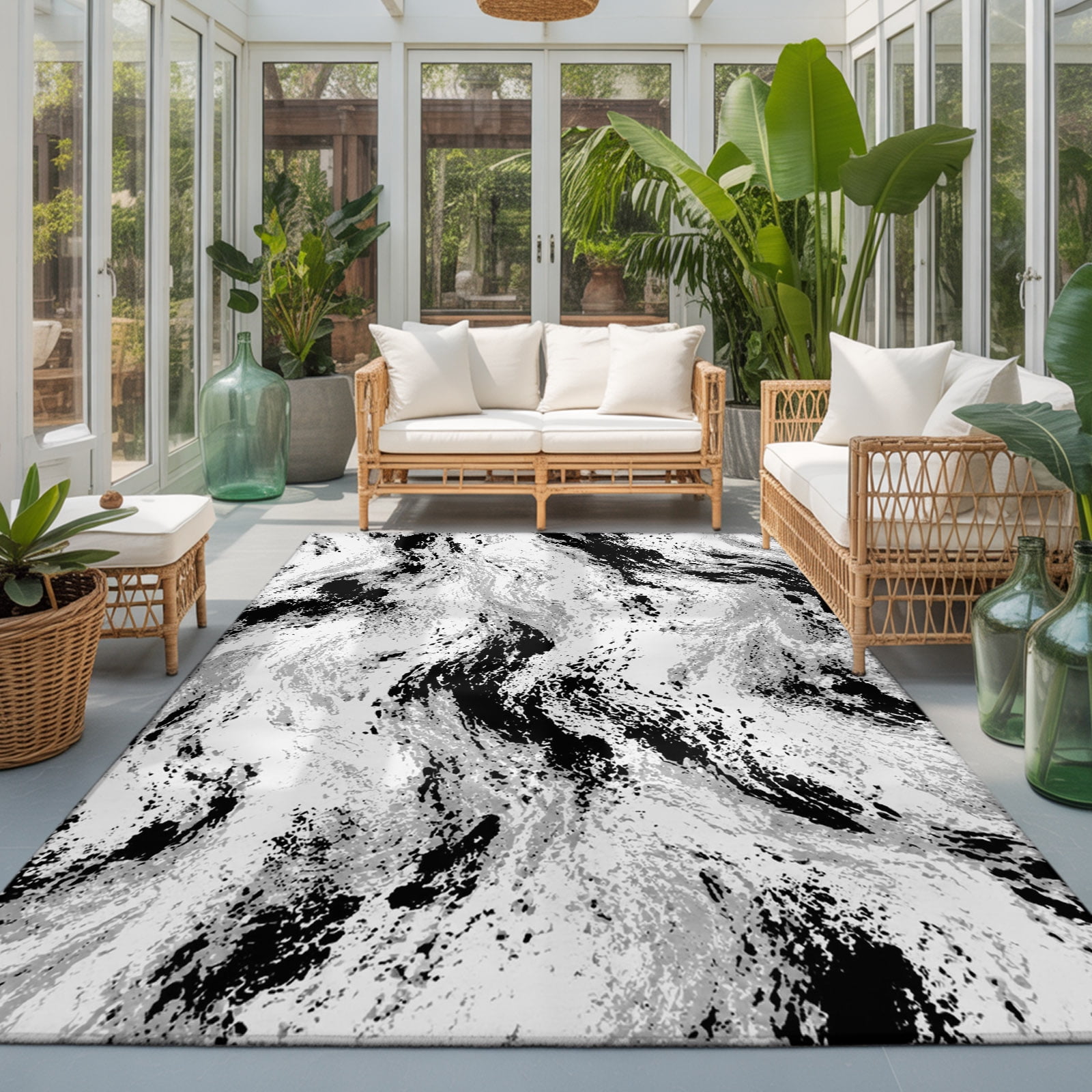 Black Grey Marble Waves Washable Area Rugs 3'x5', Modern Abstract Art ...