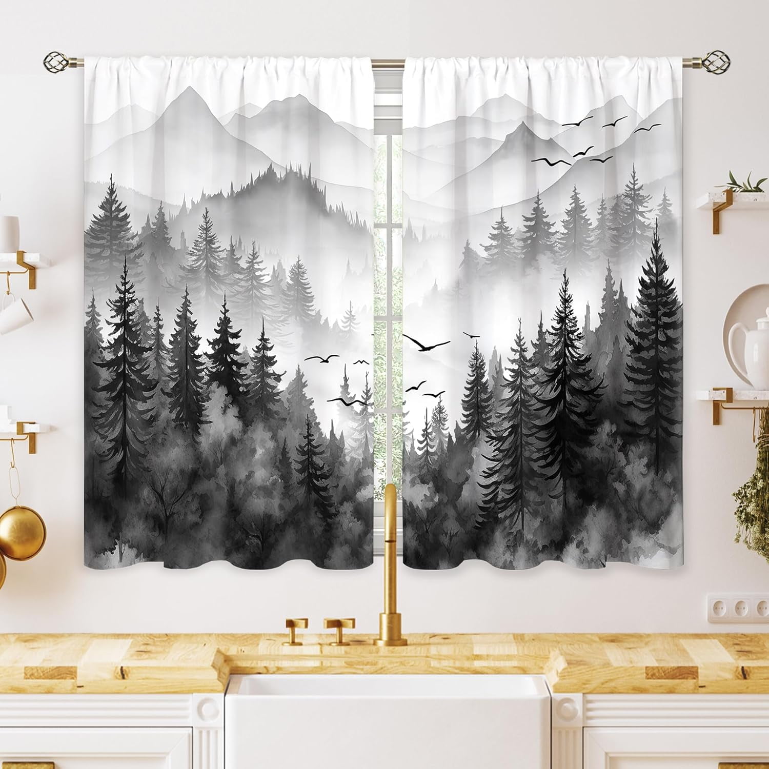 Black Grey Misty Forest Small Kitchen Curtains Tree Mountain Window ...