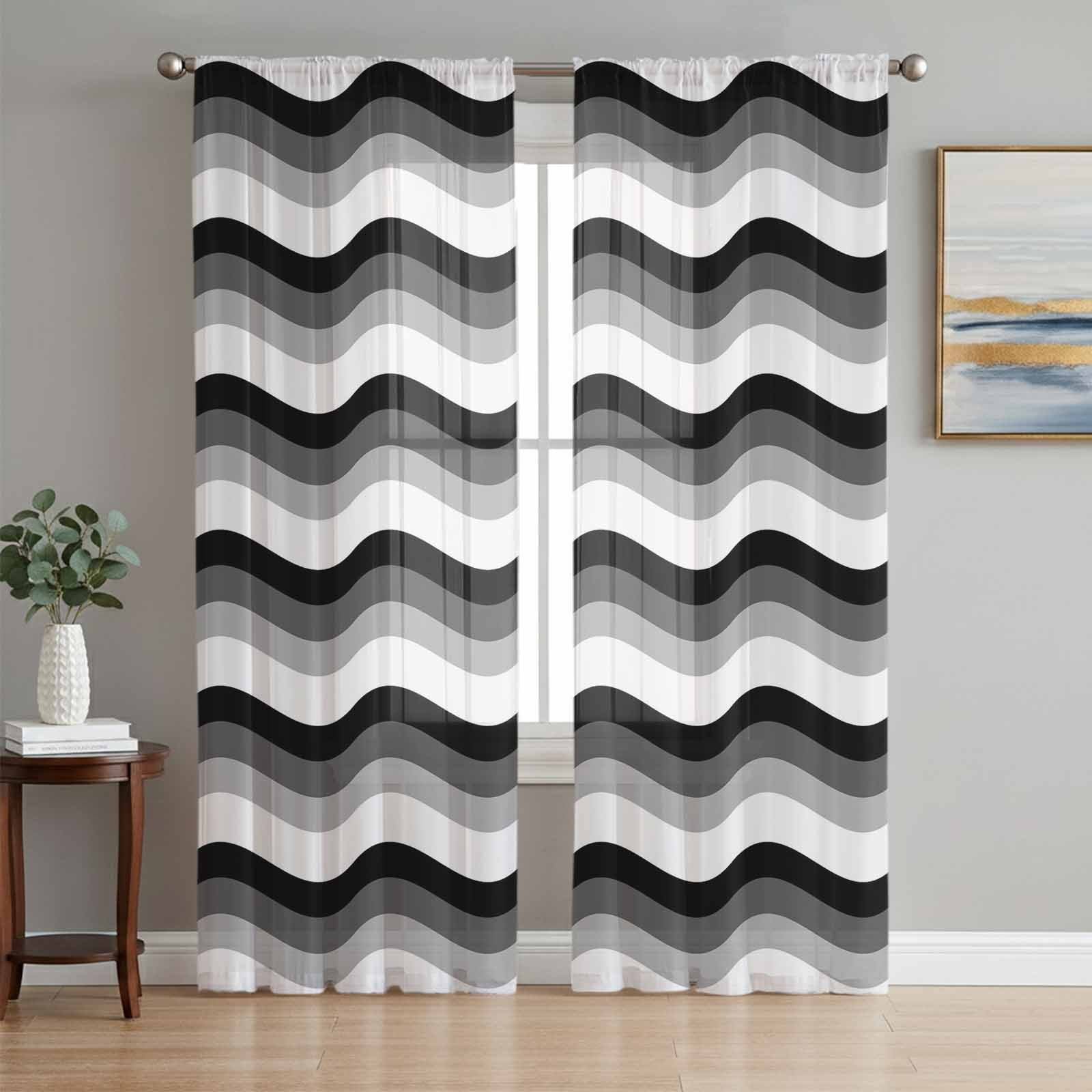 Black Grey Moire Sheer Curtains for Living Room Bedroom Modern ...