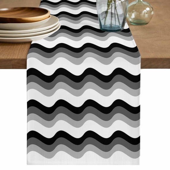 Black Grey Moire Table Runner 72 Inches, Modern Geometric Wave Abstract ...