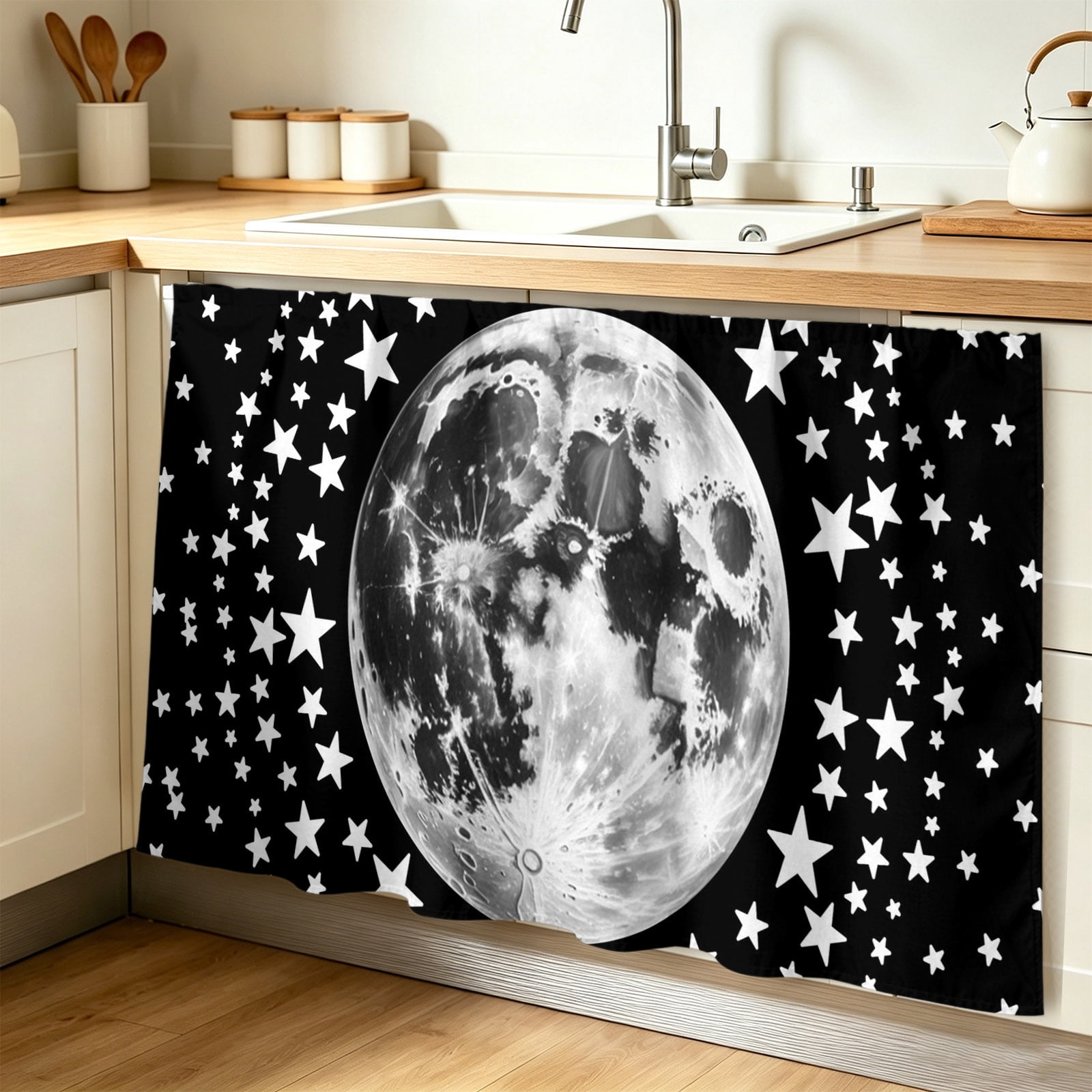 Black Grey Moon Cabinet Curtains for Shelves, Modern Abstract ...