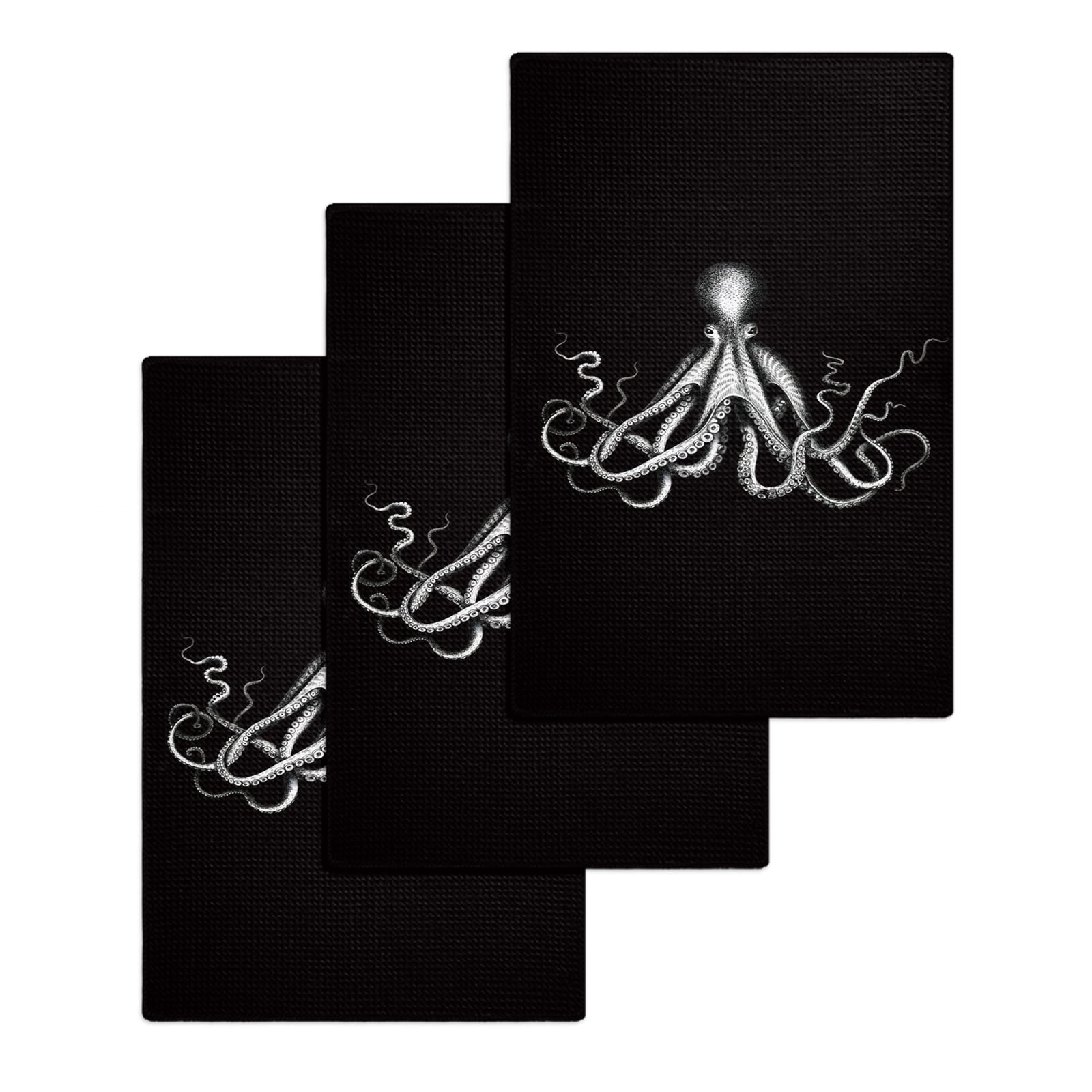 Black Grey Octopus Kitchen Dish Towels for Drying Dishes Set of 3 ...