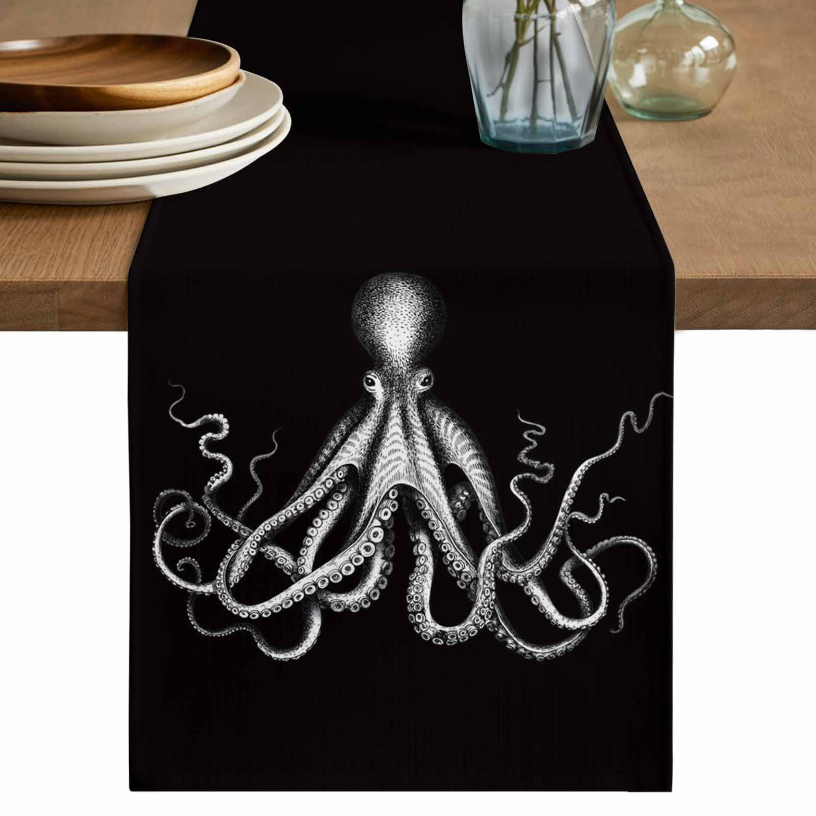 Black Grey Octopus Table Runner 48 Inches, Summer Ocean Animals Vintage ...