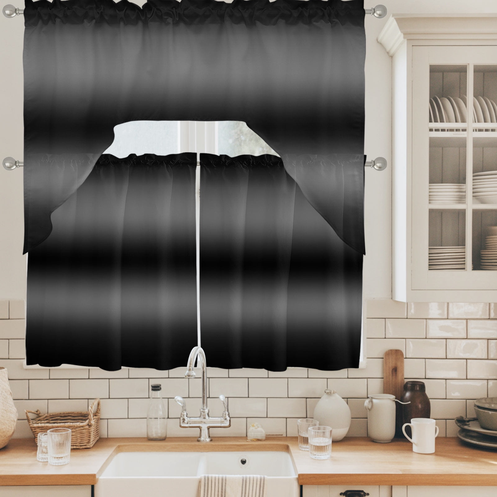 Black Grey Ombre Swag Curtains Valance and Tier Set, Modern Gradient ...