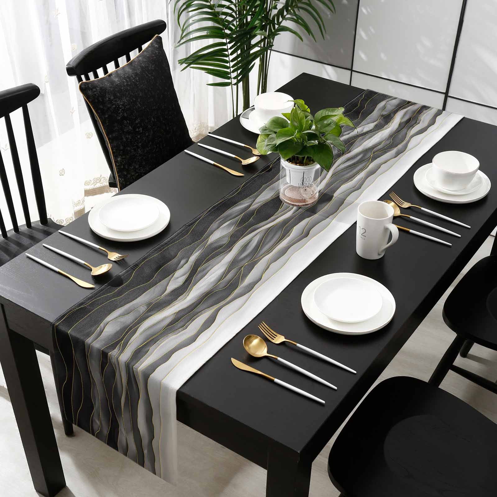 Black Grey Ombre Table Runner 90 Inches Long, Modern Moire Abstract Art ...