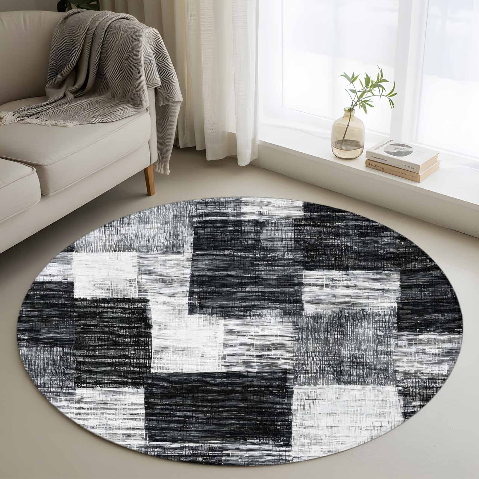 Black Grey Patchwork 3FT Round Area Rugs Modern Abstract Black Grey ...