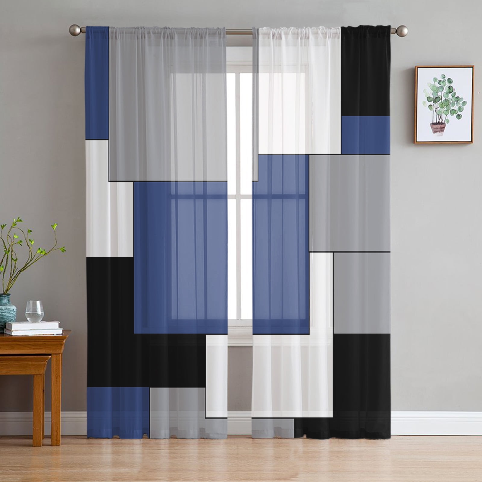 Black Grey Patchwork Abstract Art Sheer Curtains for Living Room ration ...