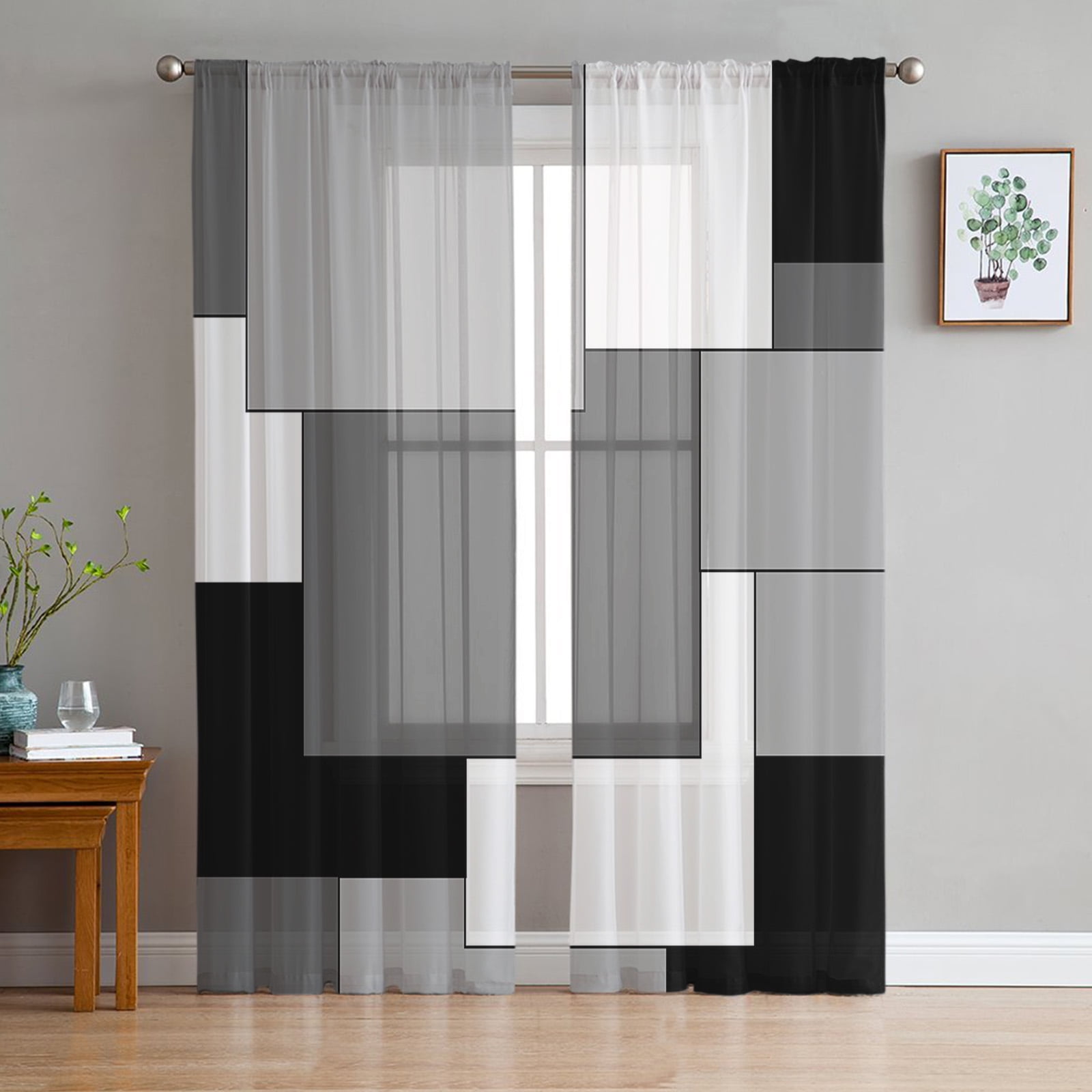 Black Grey Patchwork Abstract Art Sheer Curtains for Living Room ration ...