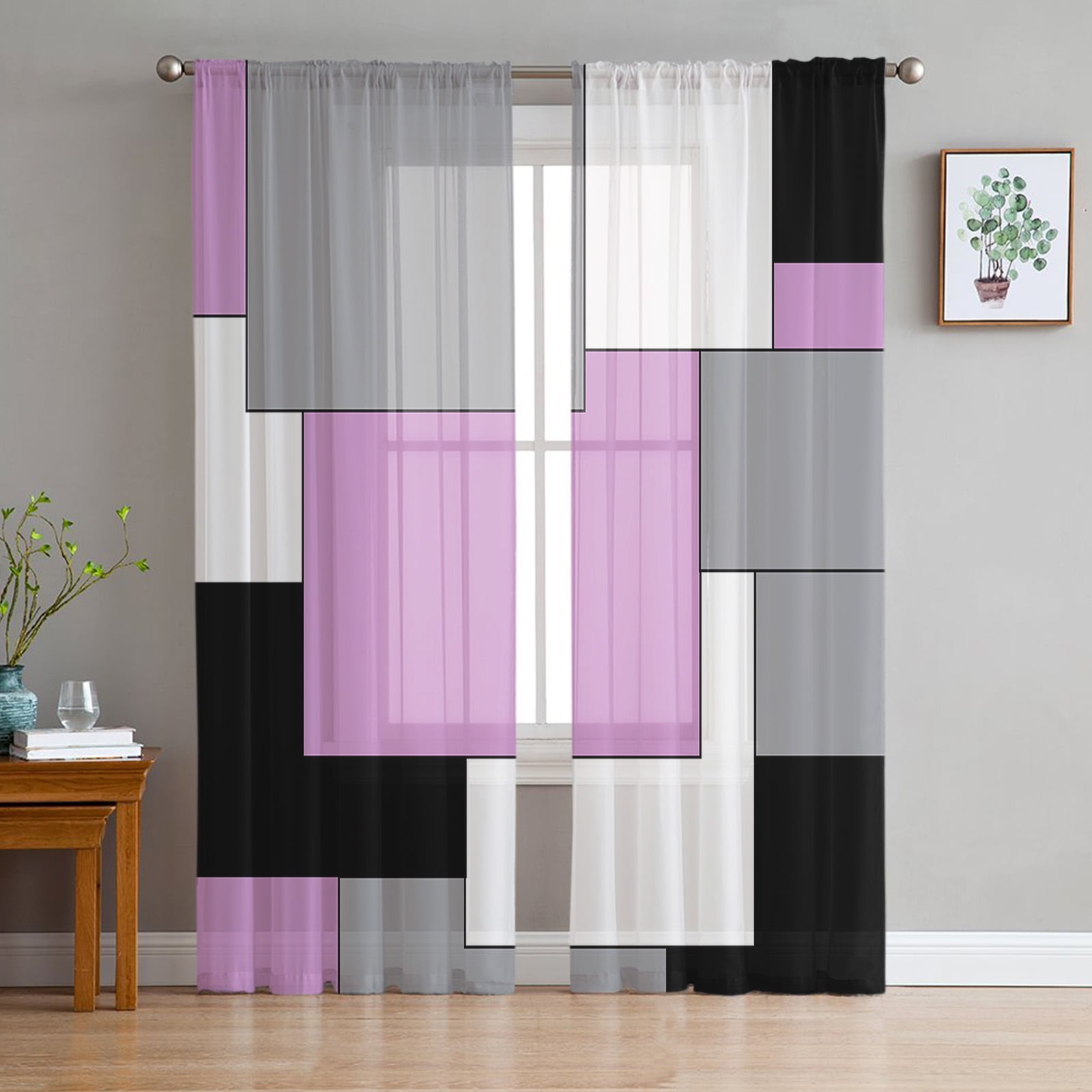 Black Grey Patchwork Abstract Art Sheer Curtains for Living Room ration ...
