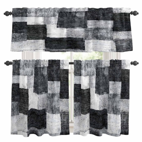 Black Grey Patchwork Kitchen Curtains Set for Windows, Modern Abstract ...