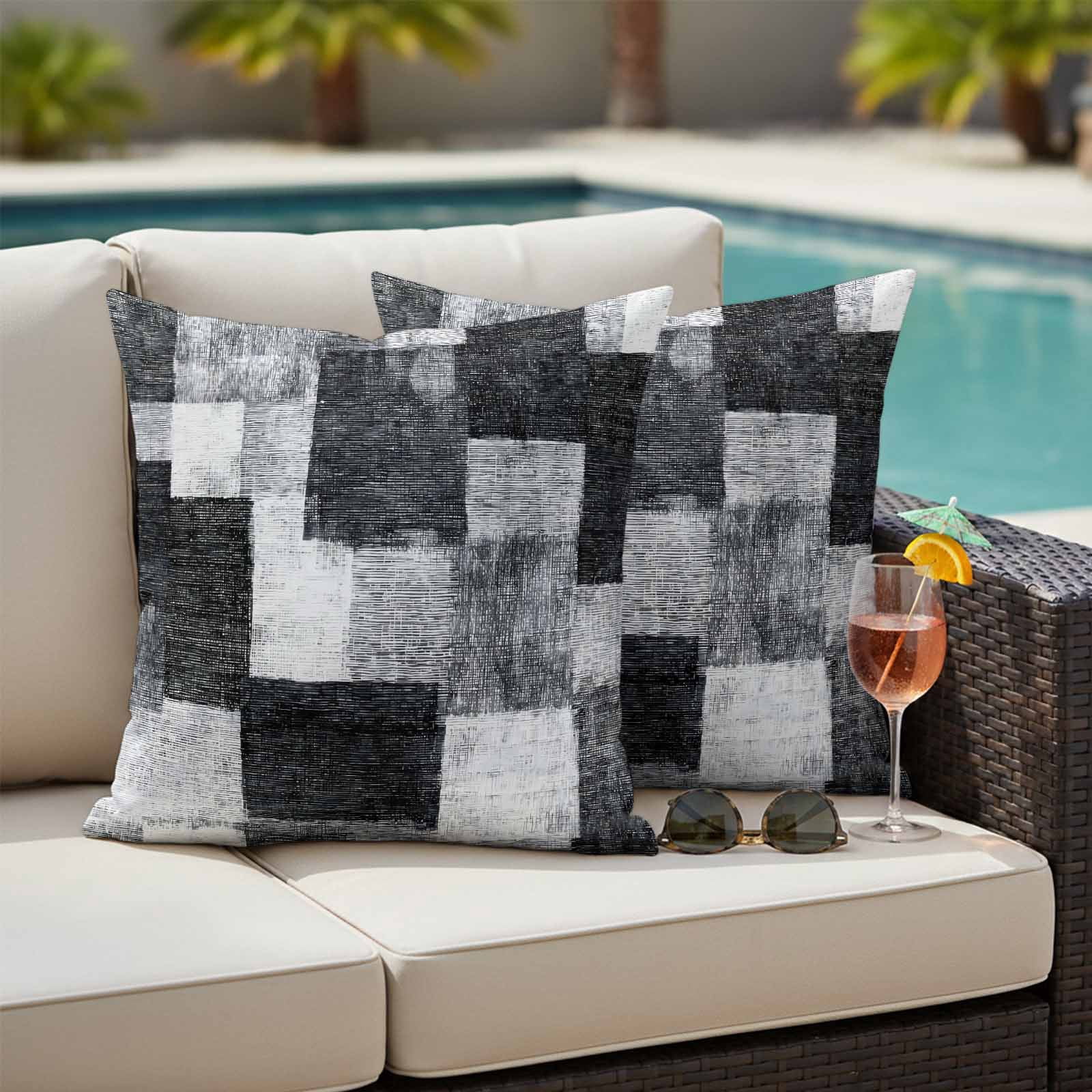 Black Grey Patchwork Outdoor Throw Pillow Covers Set of 2, Modern ...