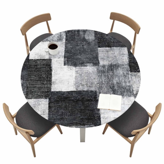 Black Grey Patchwork Round Fitted Table Cover Modern Abstract Black ...