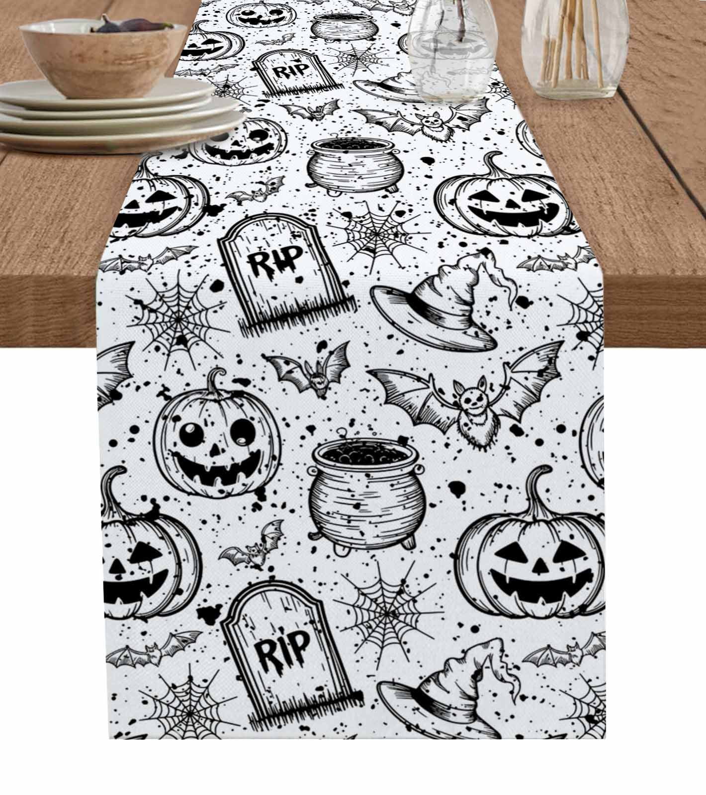 Black Grey Pumpkin Halloween Table Runner 48 Inches, Web Retro Animals ...