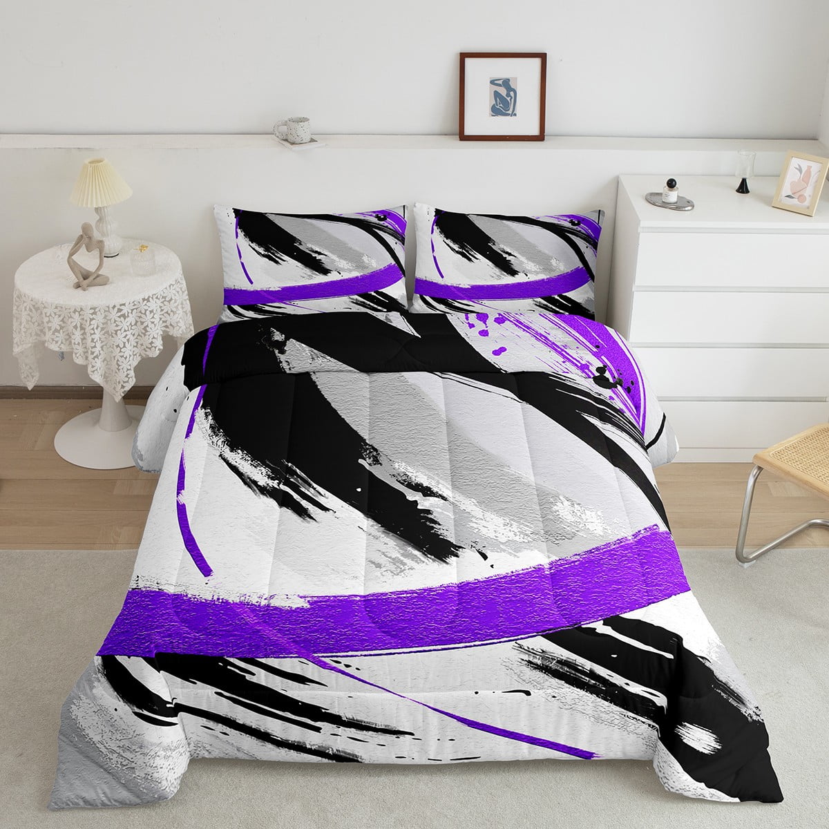 Black Grey Purple Queen Comforter Set Brush Strokes Oil Painting Bedding Set, Gradient Abstract ...