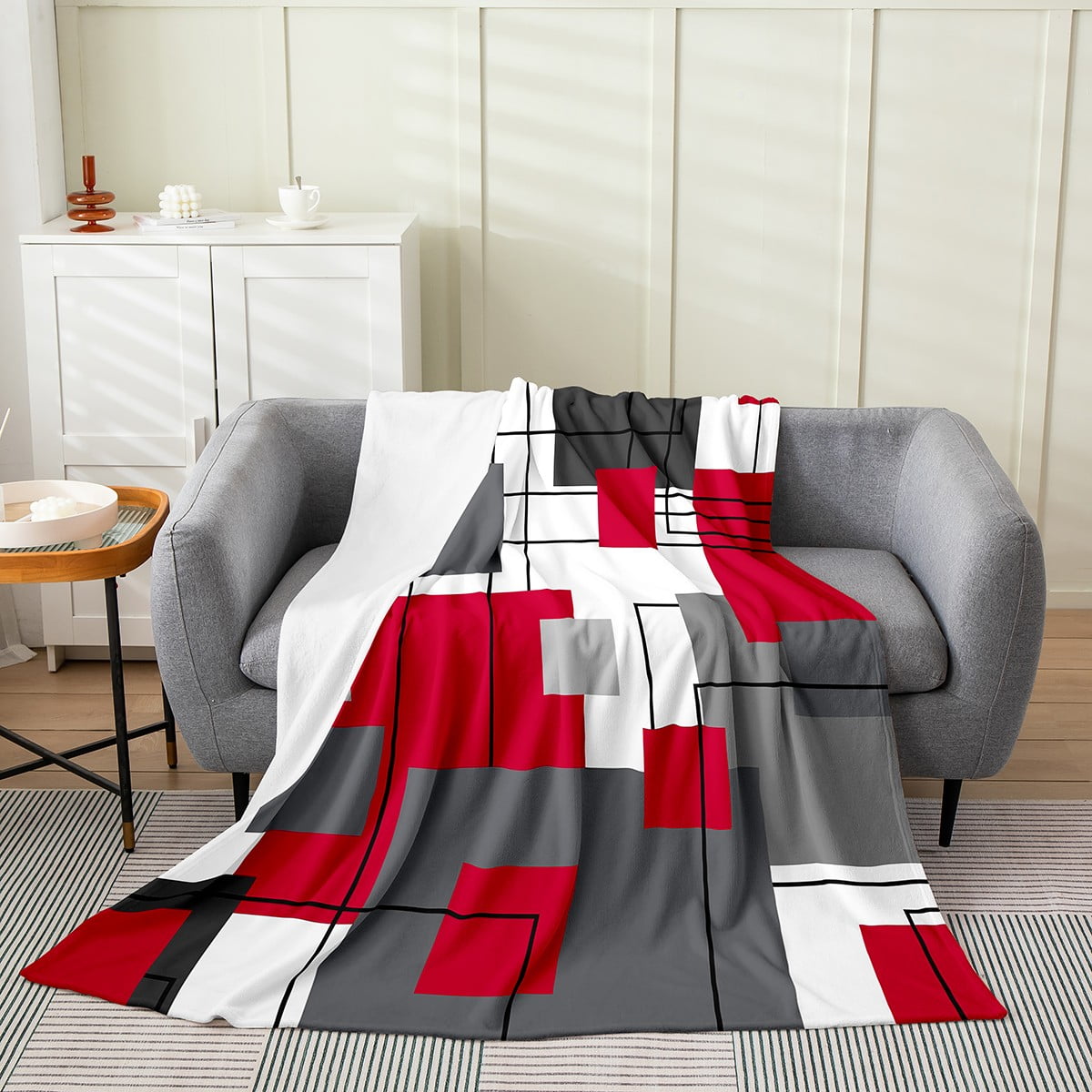 Black Grey Red Throw Blanket Geometry Square Fleece Blanket for Kids ...