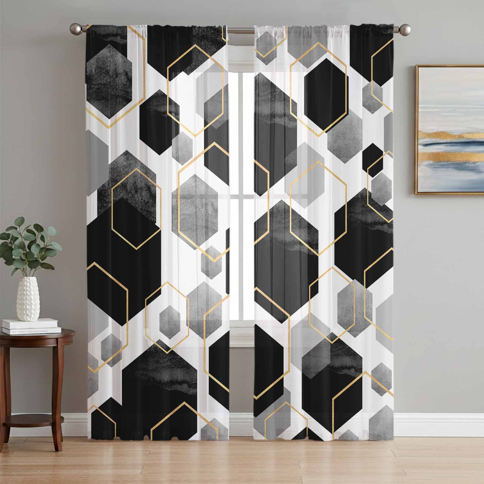 Black Grey Sheer Curtains 63 Inch Length 2 Panels Set, Geometric Gold ...