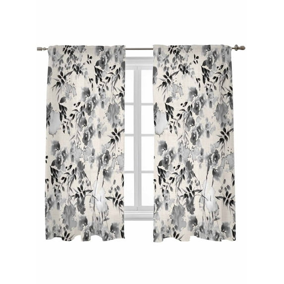 Black Grey Spring Floral Curtains 63 Inch Length,Sheer Curtains for ...