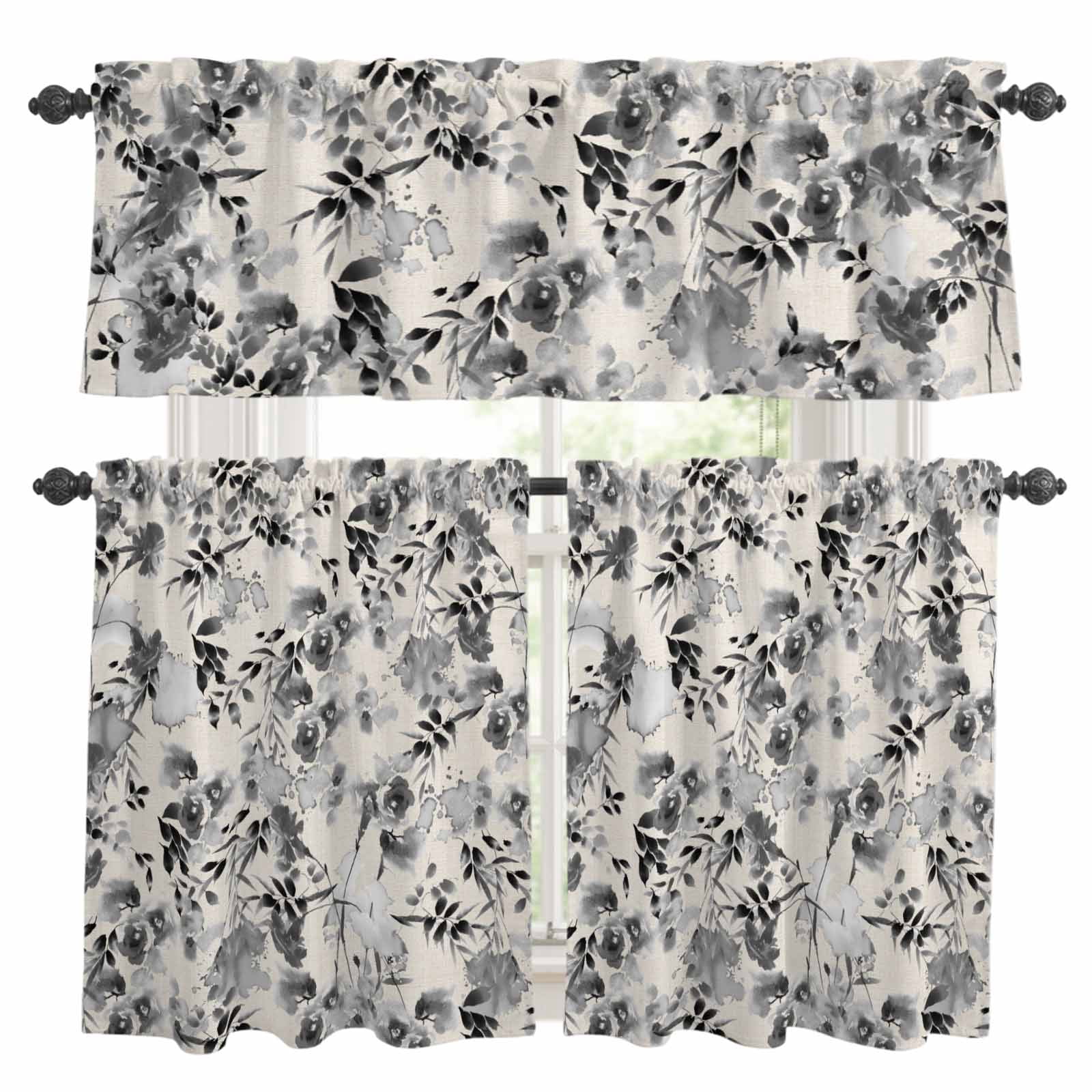Black Grey Spring Floral Kitchen Curtains, Kitchen Curtains and ...