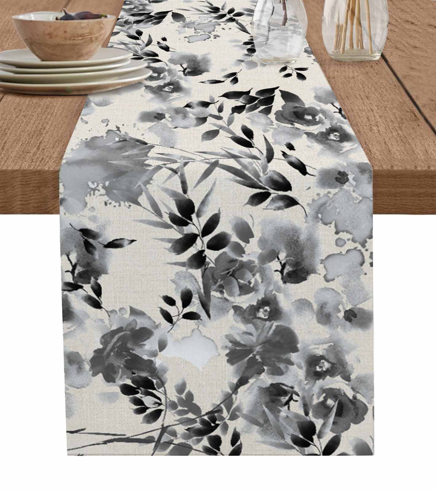 Black Grey Spring Floral Table Runner Summer Botanical Watercolor ...