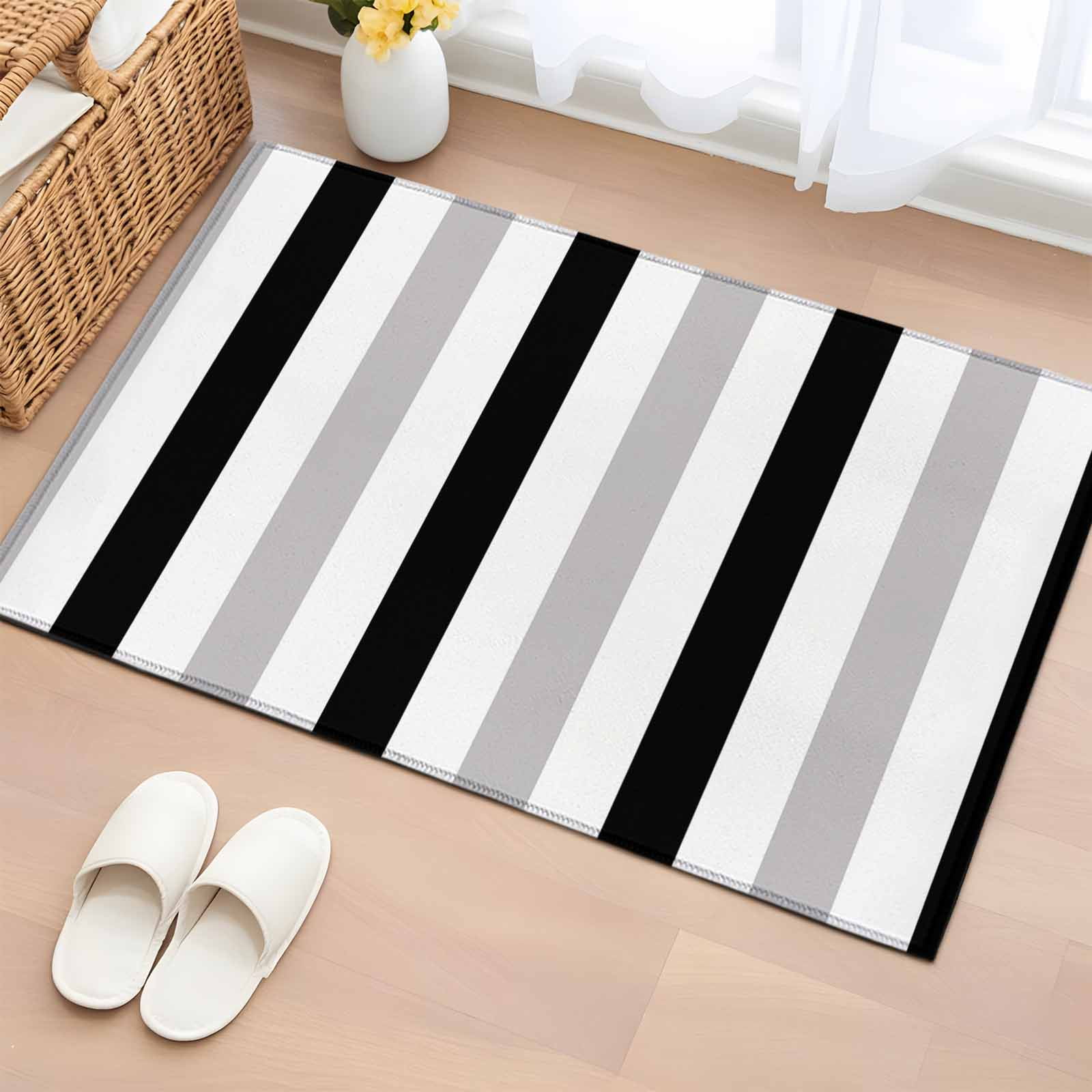 Black Grey Stripe 2x3 Door Mat Rug, Modern Farmhouse Vertical Striped ...