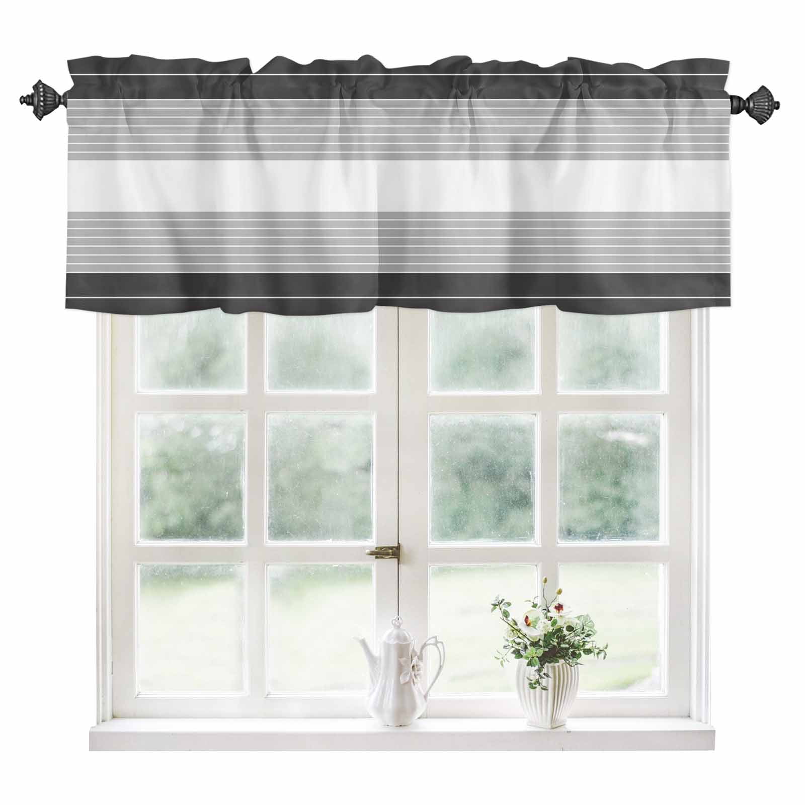 Black Grey Stripe Kitchen Valances for Windows 54x18 Inch Kitchen ...