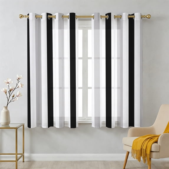 Black Grey Stripe Sheer Curtains 54 Inch Long 2 Panels, Classic Modern ...