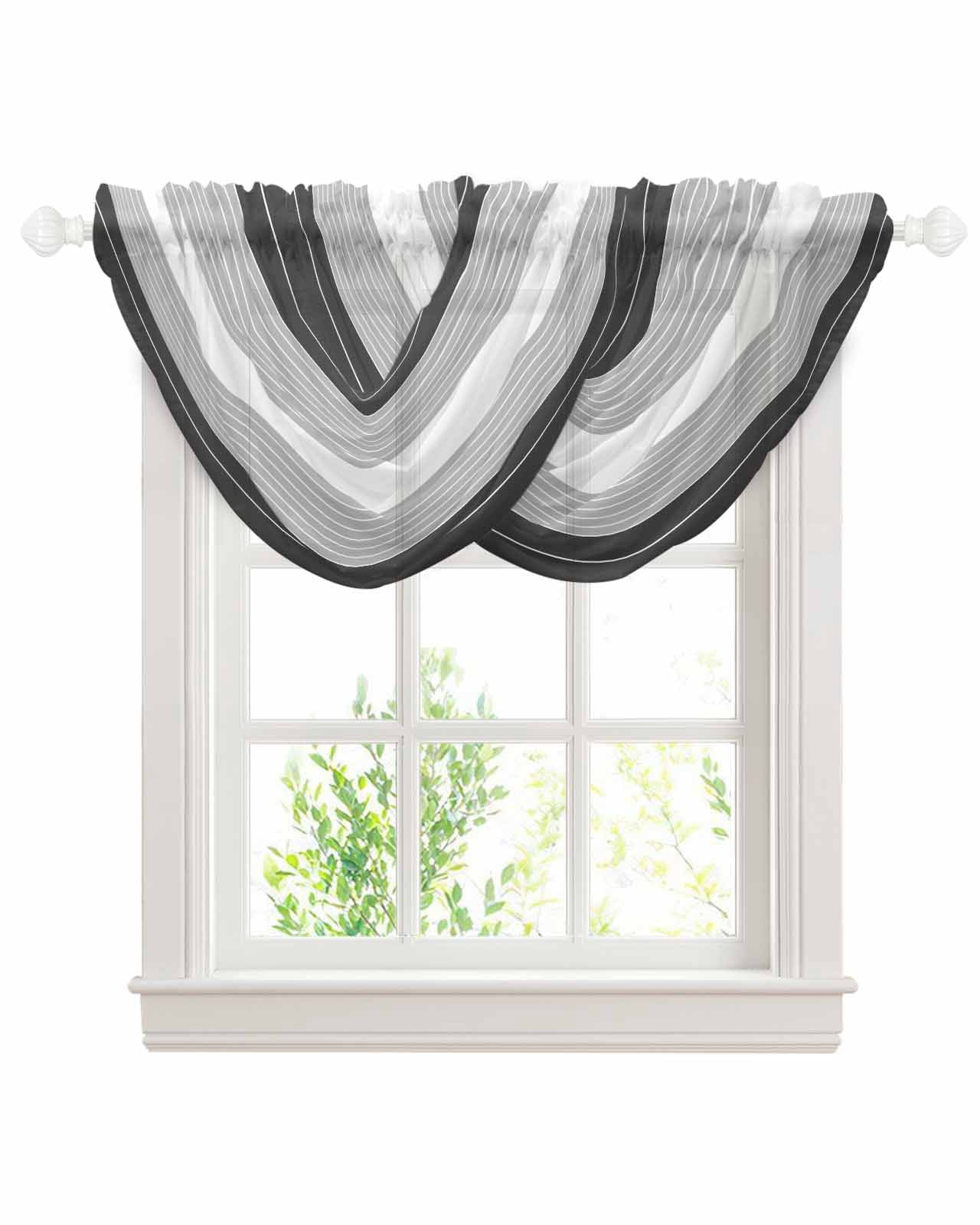 Black Grey Stripe Sheer Waterfall Valance Curtains for Window, Modern ...