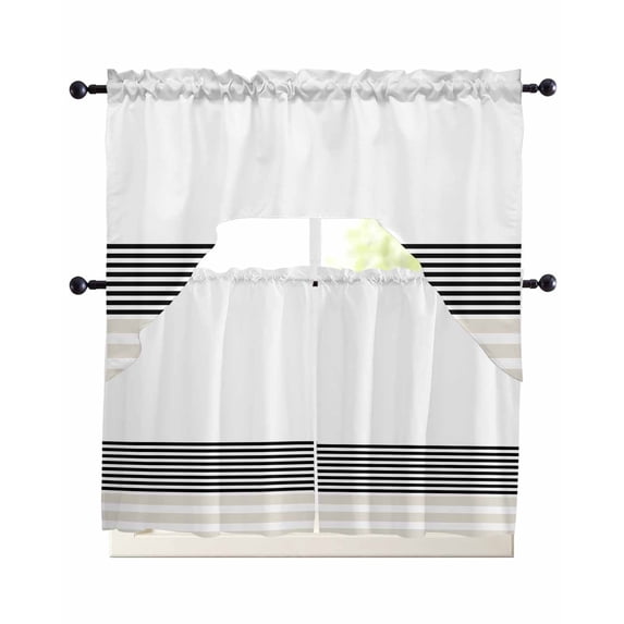 Black Grey Striped Kitchen Curtain and Valance Set 3 Pieces, Rod Pocket ...