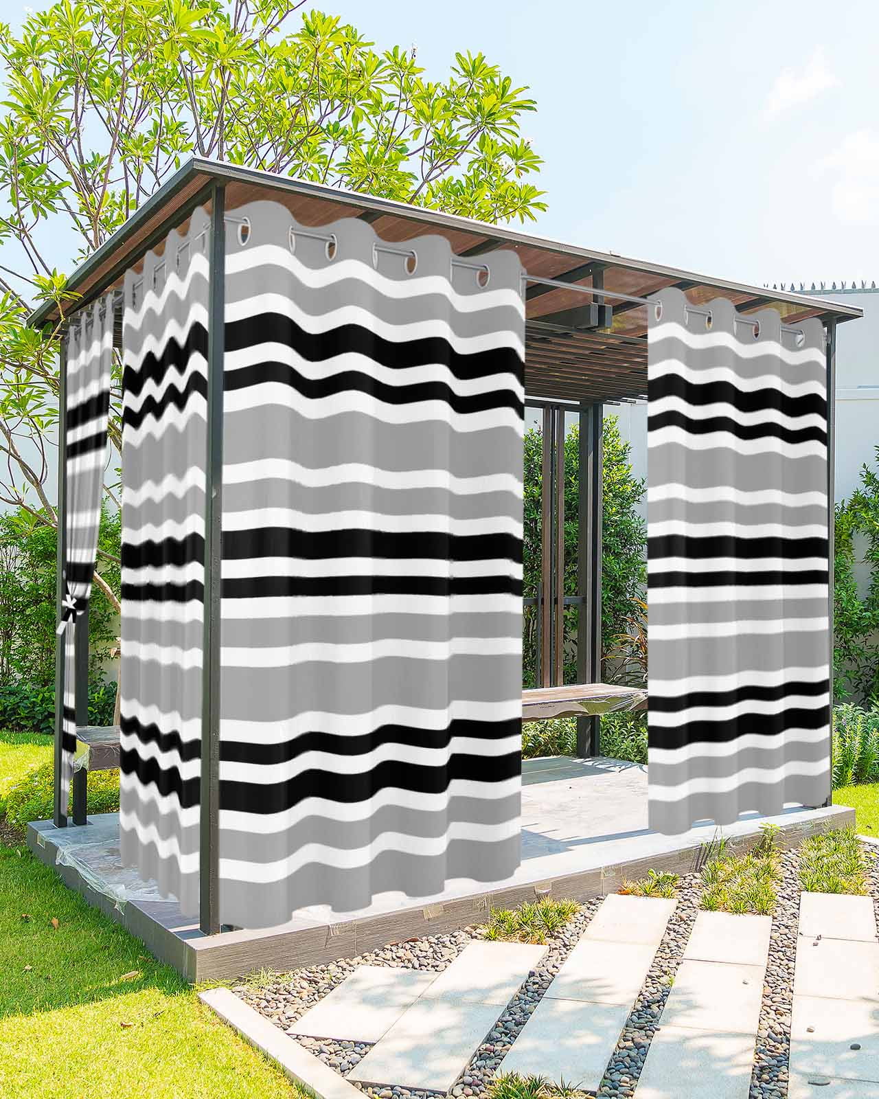 Black Grey Striped Outdoor Curtains for Patio, Horizontal Lines Simple ...